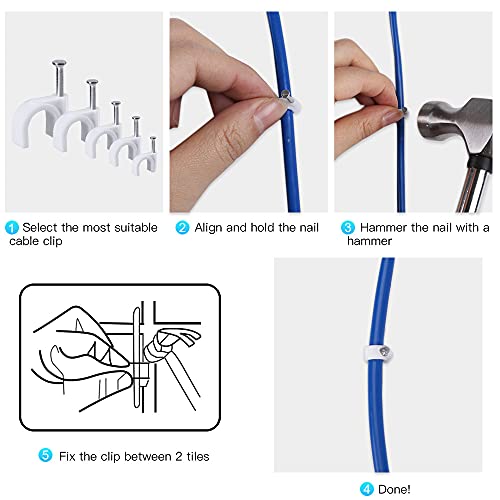 AGPTEK 500pcs Cable Clips with Steel Nails 4mm 5mm 6mm 8mm 10mm Cable Management for RG6, RG59, CAT6, RJ45 Cable Coax Cable, Ethernet Cable, TV Wire Cable, Telephone Cable, Led Starlight, Print Cable
