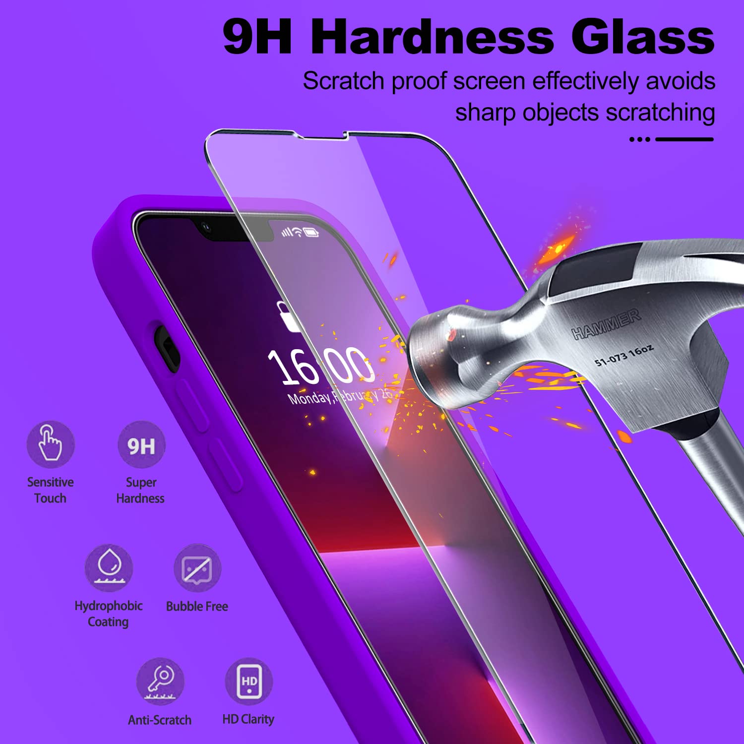 BossKiss Compatible with iPhone 13 Pro Max Case, Premium Liquid Silicone Case [Velvety Touch] [2 Pcs 9H Tempered Glass Screen Protector], Camera All-Round Protection Shockproof Kit Case,Neon Purple