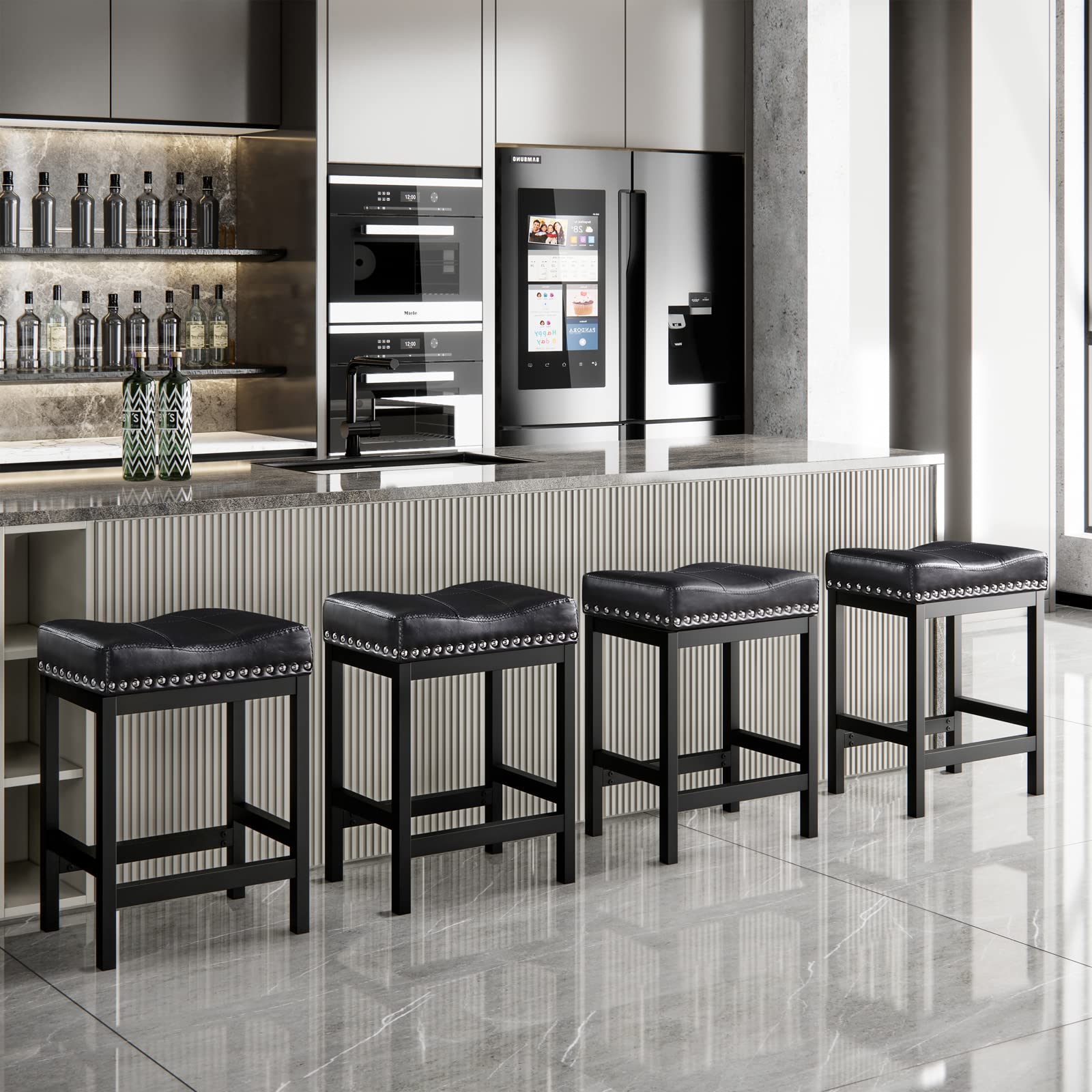OUllUO Black Bar Stools Set of 2, Counter Height Bar Stools, Saddle Barstools, Pu Leather Stools with Metal Frame for Kitchen Island, 918P-BK