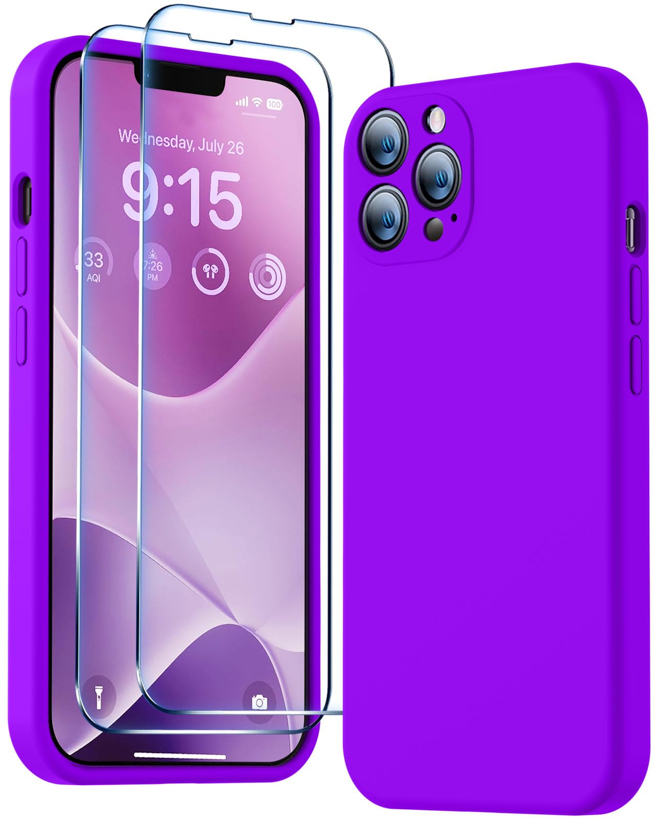 BossKiss Compatible with iPhone 13 Pro Max Case, Premium Liquid Silicone Case [Velvety Touch] [2 Pcs 9H Tempered Glass Screen Protector], Camera All-Round Protection Shockproof Kit Case,Neon Purple