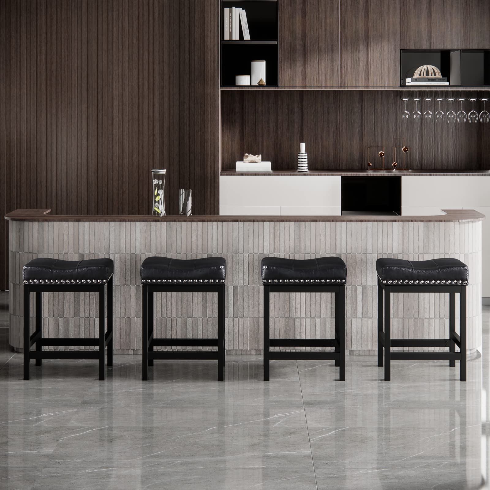 OUllUO Black Bar Stools Set of 2, Counter Height Bar Stools, Saddle Barstools, Pu Leather Stools with Metal Frame for Kitchen Island, 918P-BK
