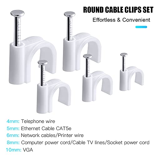 AGPTEK 500pcs Cable Clips with Steel Nails 4mm 5mm 6mm 8mm 10mm Cable Management for RG6, RG59, CAT6, RJ45 Cable Coax Cable, Ethernet Cable, TV Wire Cable, Telephone Cable, Led Starlight, Print Cable
