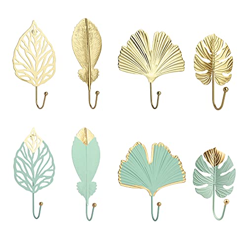 ORYOUGO Set of 8 Decorative Leaves Iron Hooks Plant Modern Key Holder Wall Mounted Single Prong Coat Hanger for Hallways, Living Room, Green+Gold