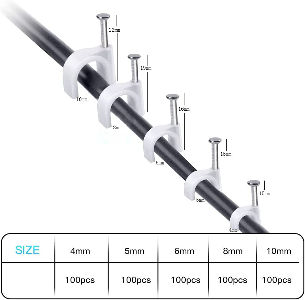 AGPTEK 500pcs Cable Clips with Steel Nails 4mm 5mm 6mm 8mm 10mm Cable Management for RG6, RG59, CAT6, RJ45 Cable Coax Cable, Ethernet Cable, TV Wire Cable, Telephone Cable, Led Starlight, Print Cable