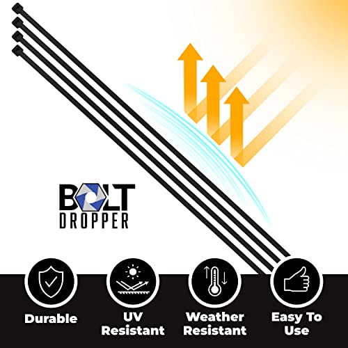 12" Black Zip Cable Ties (100 Pack), 120lbs Tensile Strength - Heavy Duty, Self-Locking Premium Plastic Cable Wire Ties for Indoor and Outdoor by Bolt Dropper (Black)