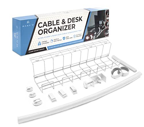 MANA'O Clamp-On Cable Management Tray Kit. Under Desk Storage Cord Organizer with Clamp! and Accessories - Cable Clips, Strips of Fastening Tape