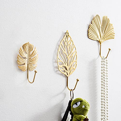 ORYOUGO Set of 8 Decorative Leaves Iron Hooks Plant Modern Key Holder Wall Mounted Single Prong Coat Hanger for Hallways, Living Room, Green+Gold