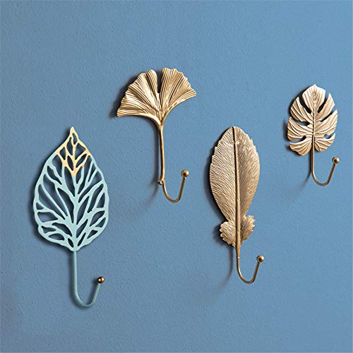 ORYOUGO Set of 8 Decorative Leaves Iron Hooks Plant Modern Key Holder Wall Mounted Single Prong Coat Hanger for Hallways, Living Room, Green+Gold
