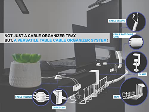 MANA'O Clamp-On Cable Management Tray Kit. Under Desk Storage Cord Organizer with Clamp! and Accessories - Cable Clips, Strips of Fastening Tape