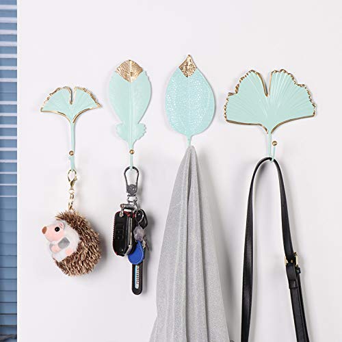 ORYOUGO Set of 8 Decorative Leaves Iron Hooks Plant Modern Key Holder Wall Mounted Single Prong Coat Hanger for Hallways, Living Room, Green+Gold