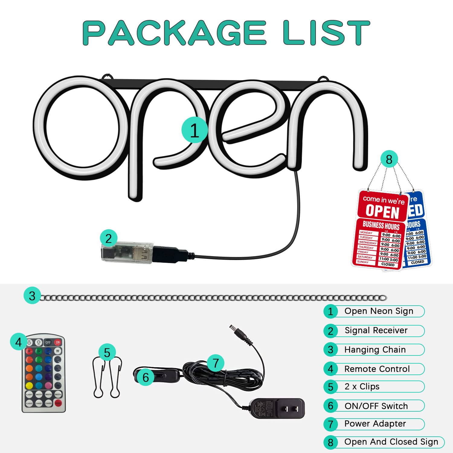 Tekstap Open LED Signs for Business Window, RGB Color Changing Open Neon Sign, 16x6 inches LED Open Sign Lighted with Remote Control & Power Adapter for Storefront/Business Window Restaurant/Bar/Salon