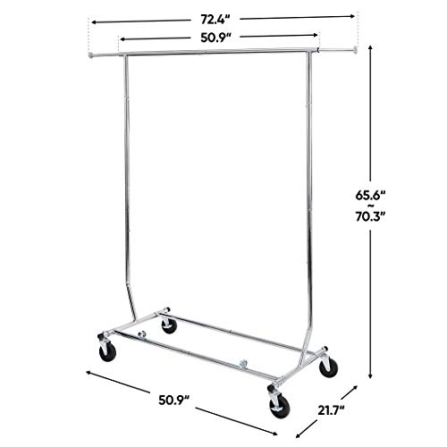 Nouva Rolling Garment Rack Clothing Rack with Wheels, Single-Rod Portable Heavy Duty Clothes Rack for Hanging Clothes Height Adjustable, Extendable, Chrome Sliver