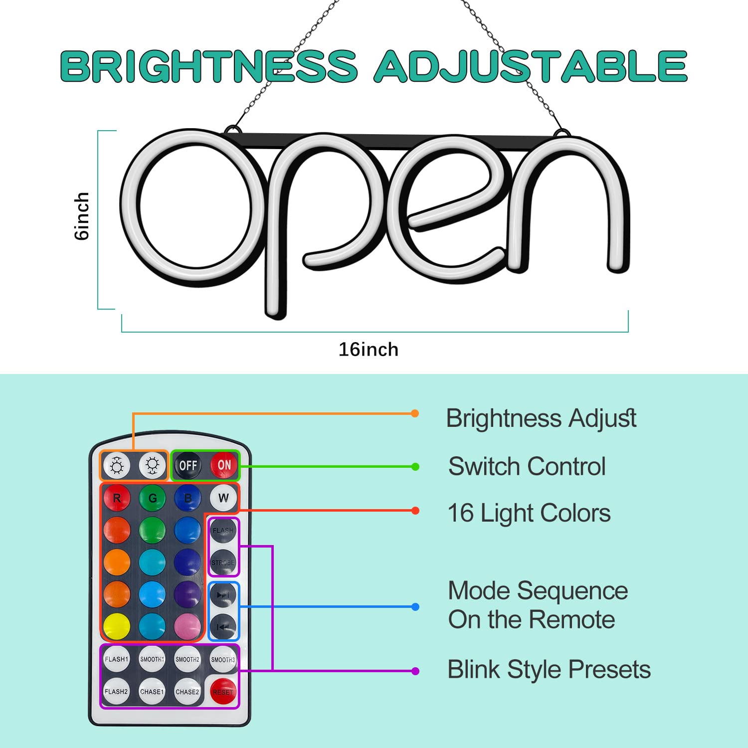 Tekstap Open LED Signs for Business Window, RGB Color Changing Open Neon Sign, 16x6 inches LED Open Sign Lighted with Remote Control & Power Adapter for Storefront/Business Window Restaurant/Bar/Salon