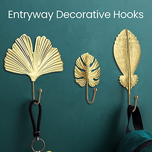 ORYOUGO Set of 8 Decorative Leaves Iron Hooks Plant Modern Key Holder Wall Mounted Single Prong Coat Hanger for Hallways, Living Room, Green+Gold