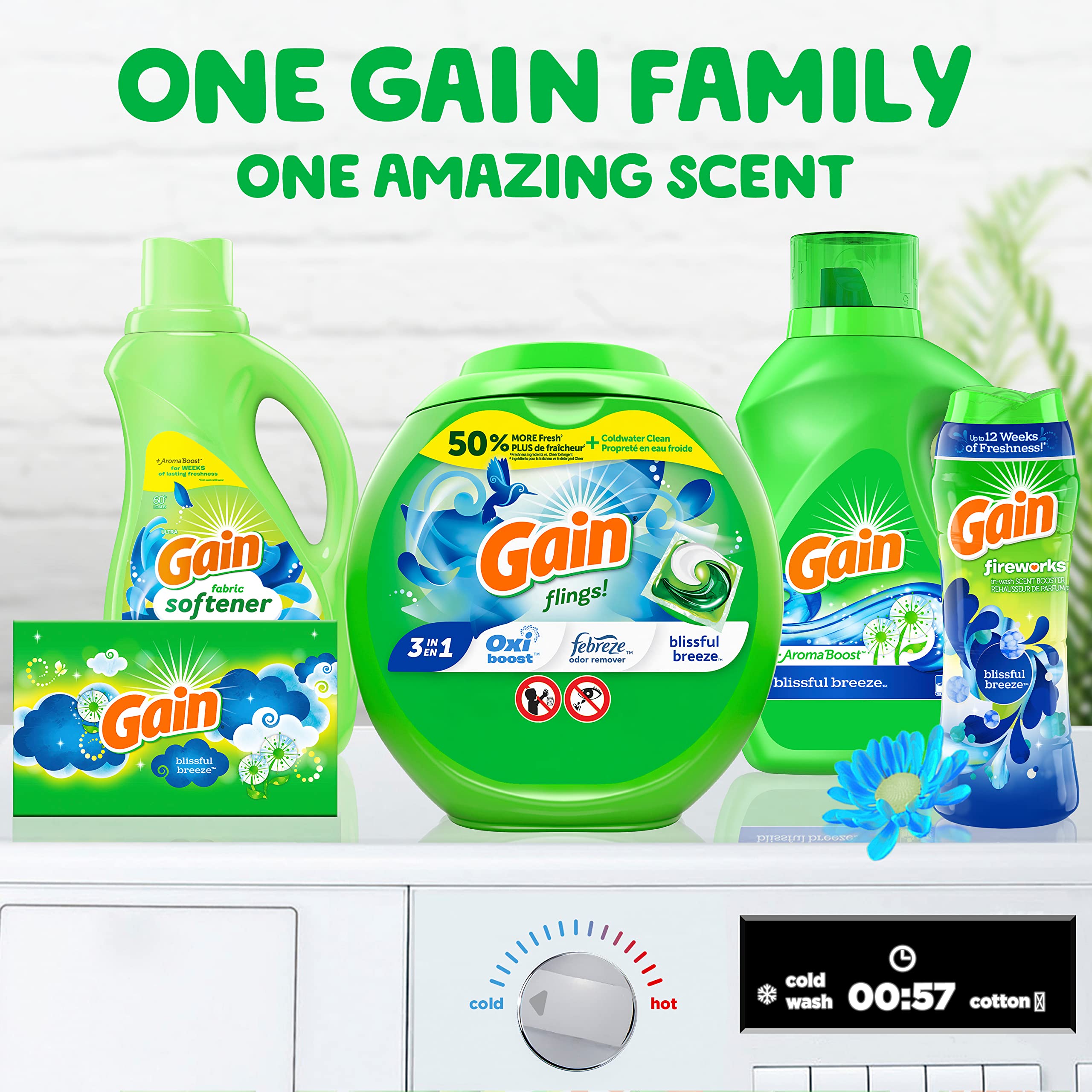 Gain flings! Laundry Detergent Soap Pacs, HE Compatible, 112 ct, Long Lasting Scent, Blissful Breeze