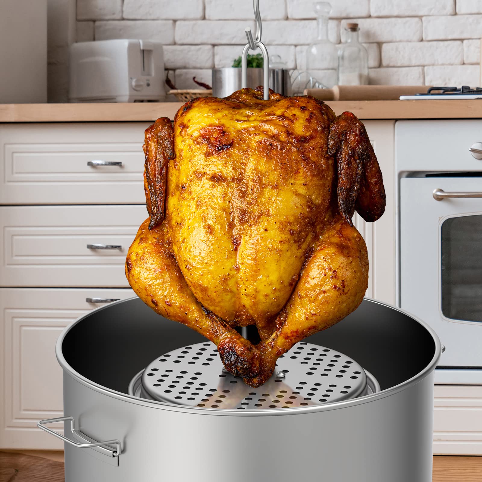 Turkey Chicken Poultry Deep Frying Rack and Handle lifter Hook-Turkey Frying Stand Kits for Deep Fry Pot Grill,Turkey Fryer Grill Stainless Steel Accessories with Drip Pan
