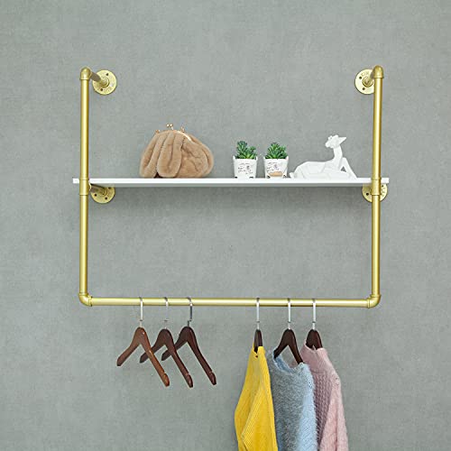 Industrial Pipe Wall Mounted Garment Rack with Top Shelf, Detachable Pipe Clothes Rack, Space-Saving Hanging Bar, Detachable Multi-Purpose Rod for Closet Storage, Gold, 39.3x10 Inches
