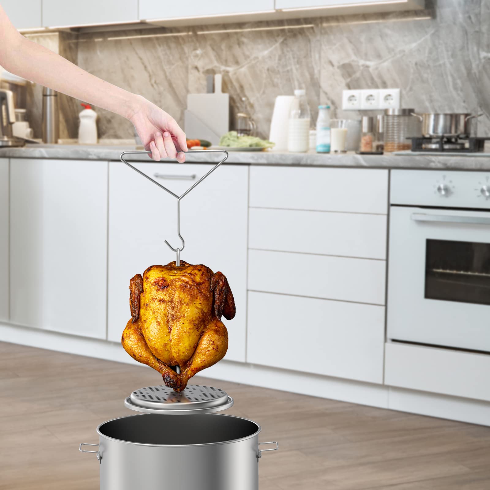 Turkey Chicken Poultry Deep Frying Rack and Handle lifter Hook-Turkey Frying Stand Kits for Deep Fry Pot Grill,Turkey Fryer Grill Stainless Steel Accessories with Drip Pan