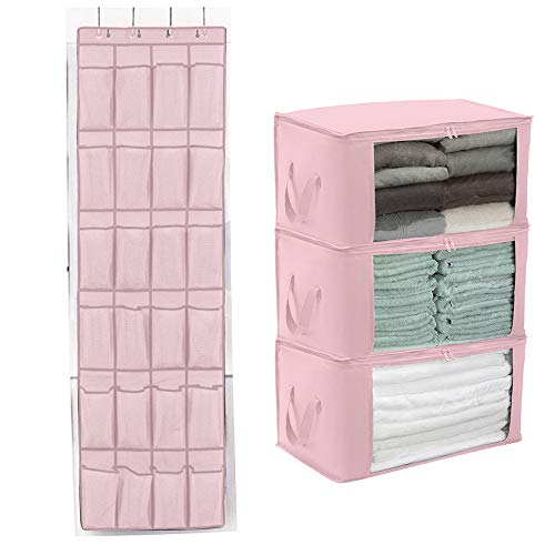 Gorilla Grip Over The Door Mesh Pocket Shoe Organizer and Clothing Storage Bags Set of 3, Both in Pink Color, 2 Item Bundle
