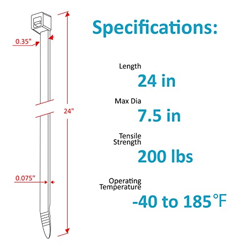 Long Zip Ties Heavy Duty 24 inch, Large Zip Ties with 200 lbs Tensile Strength, Big Cable Ties, Black, 50 Pack, by GAIIAN