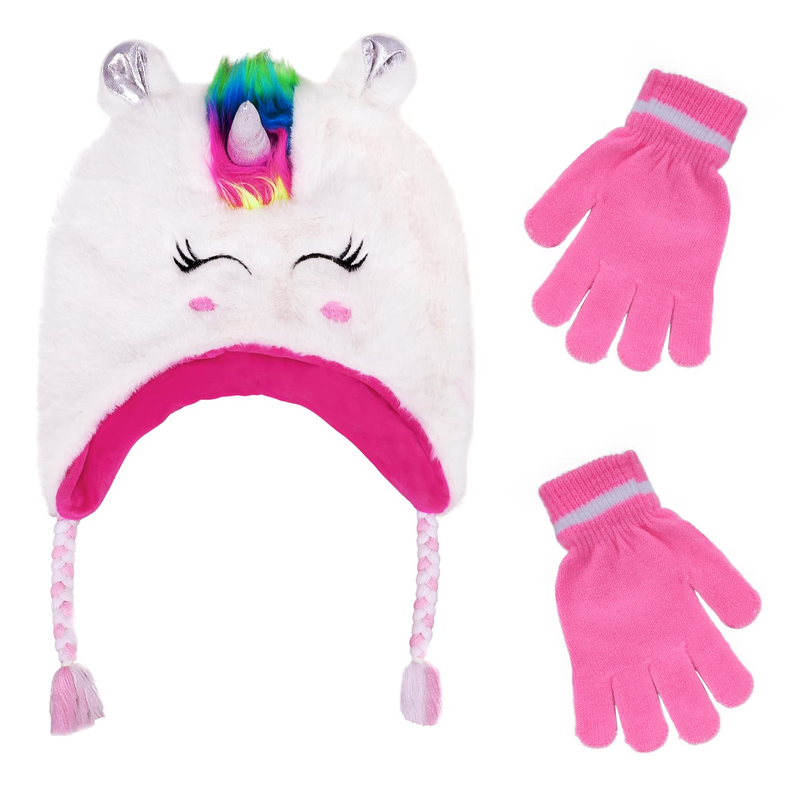 Kids Girls Winter Unicorn Beanie Hat Gloves Set, Boys Girls Warm Fleece Lined Hat Toddler Cute Cat Hat with Earflap for 2-7T