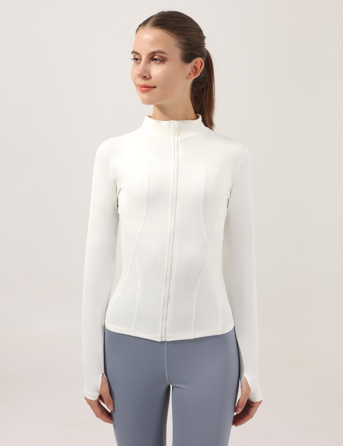 Locachy Women's Slim Fit Full Zip Athletic Running Sports Workout Jacket with Pockets Style 02 White S