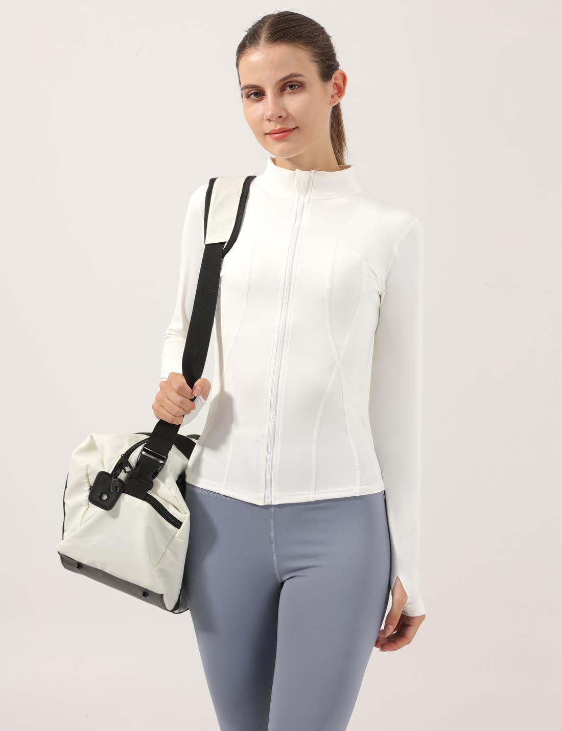 Locachy Women's Slim Fit Full Zip Athletic Running Sports Workout Jacket with Pockets Style 02 White S