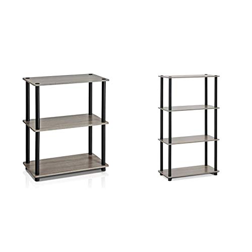 Furinno Turn-N-Tube Display Rack, 3-Tier Single, French Oak Grey/Black & Turn-N-Tube 4-Tier Multipurpose Shelf Display Rack, Single, French Oak Grey/Black