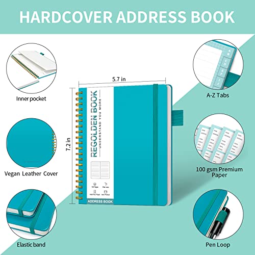 Regolden-Book Address Book with Alphabetical Tabs, Hardcover Address Organizer for Record Contacts, Telephone Book for Seniors, Internet Log Book Journal with Password, Pen Loop, Pocket, (5.7x7.2")
