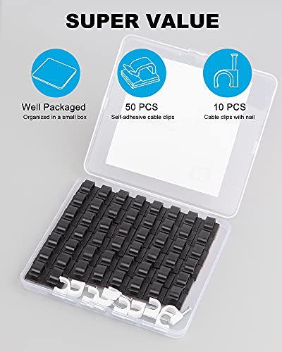 60 PCS Adhesive Cable Clips, Upgraded Wall Wire Clips for Cable Management, Strong Cord Clips Wire Holders for The Wall, Under Desk, Christmas Lights, Car, Dash Cam, Ethernet, Electric Wires Small