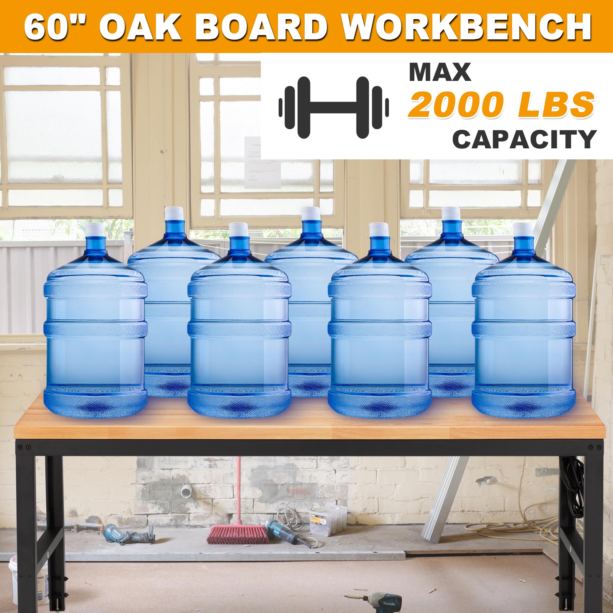 HABUTWAY Height Adjustable Workbench 60" 2000 Lbs Capacity Oak Wood Work Station Heavy-Duty Work Tables with Power Outlets for Garage Party Shop Office