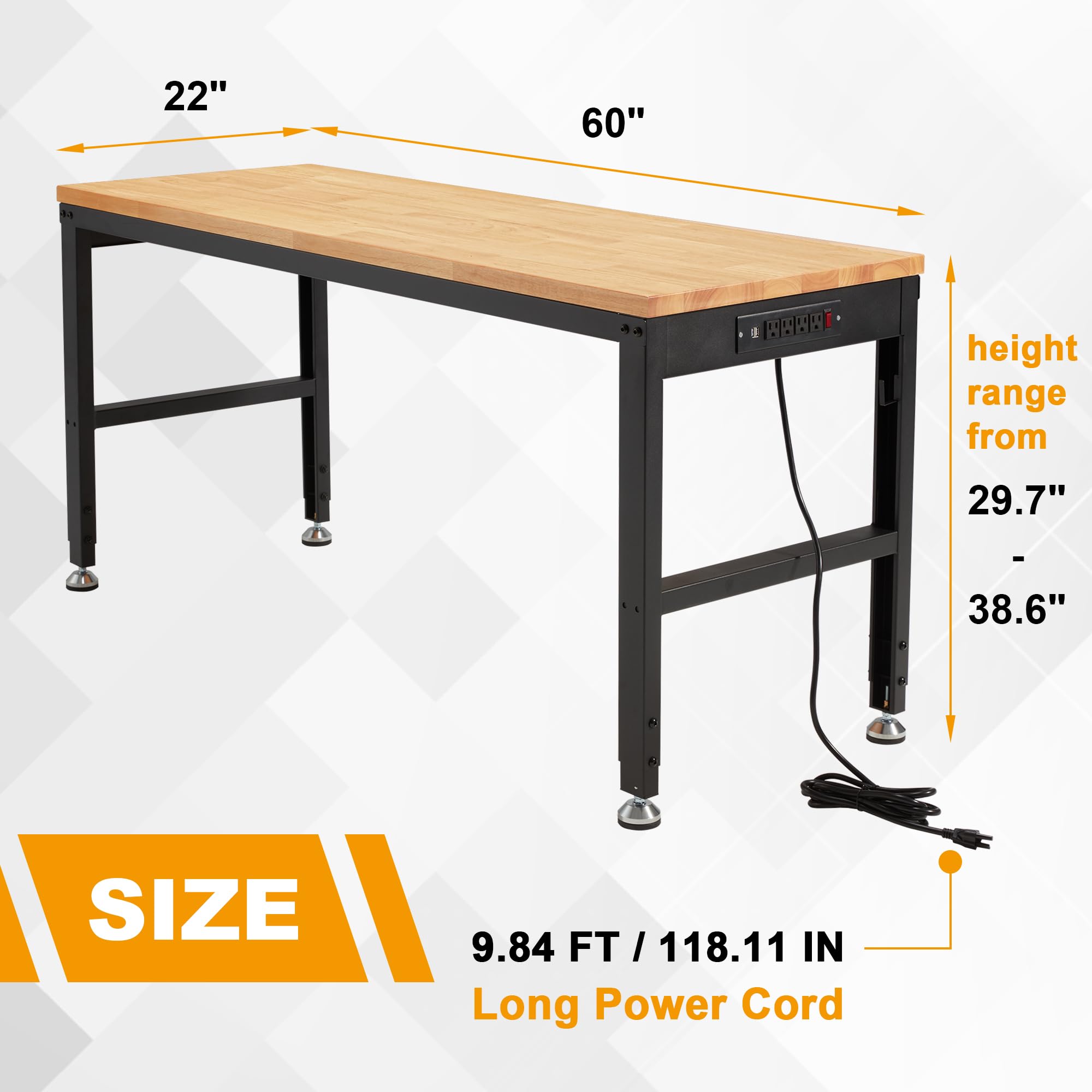 HABUTWAY Height Adjustable Workbench 60" 2000 Lbs Capacity Oak Wood Work Station Heavy-Duty Work Tables with Power Outlets for Garage Party Shop Office