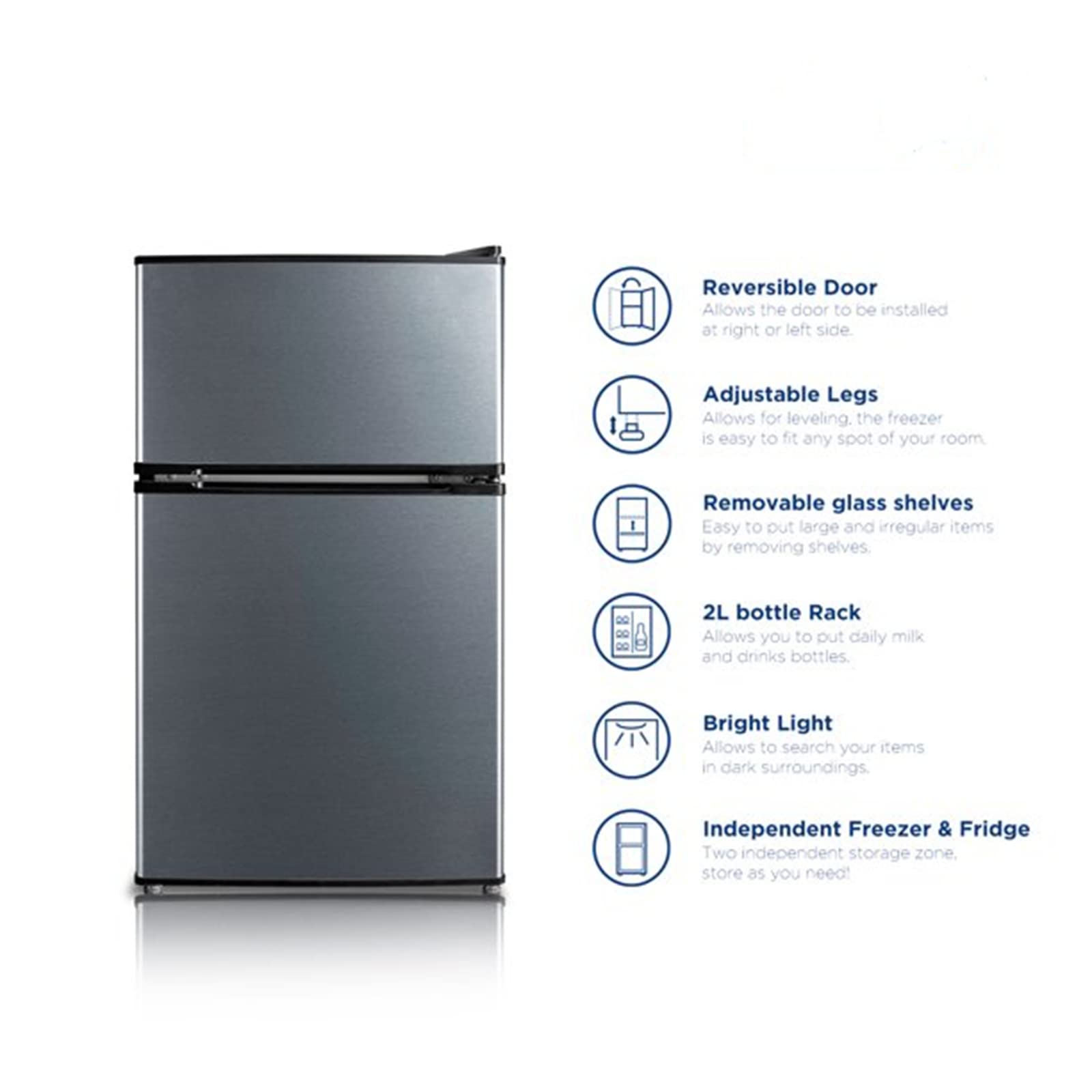 2 Door Mini Fridge, 3.2 Cu ft Compact Refrigerator with Freezer for Dorm Apartment Drinks Snacks Cooling (Stainless Steel)