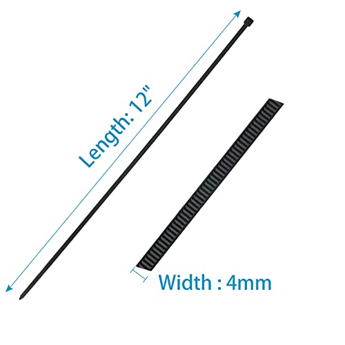 100pcs Cable Zip Ties Heavy Duty 12 Inch, Premium Plastic Wire Ties with 50 Pounds Tensile Strength, Self-Locking White Nylon Zip Ties for Home, Office, Garage and Workshop (Black)