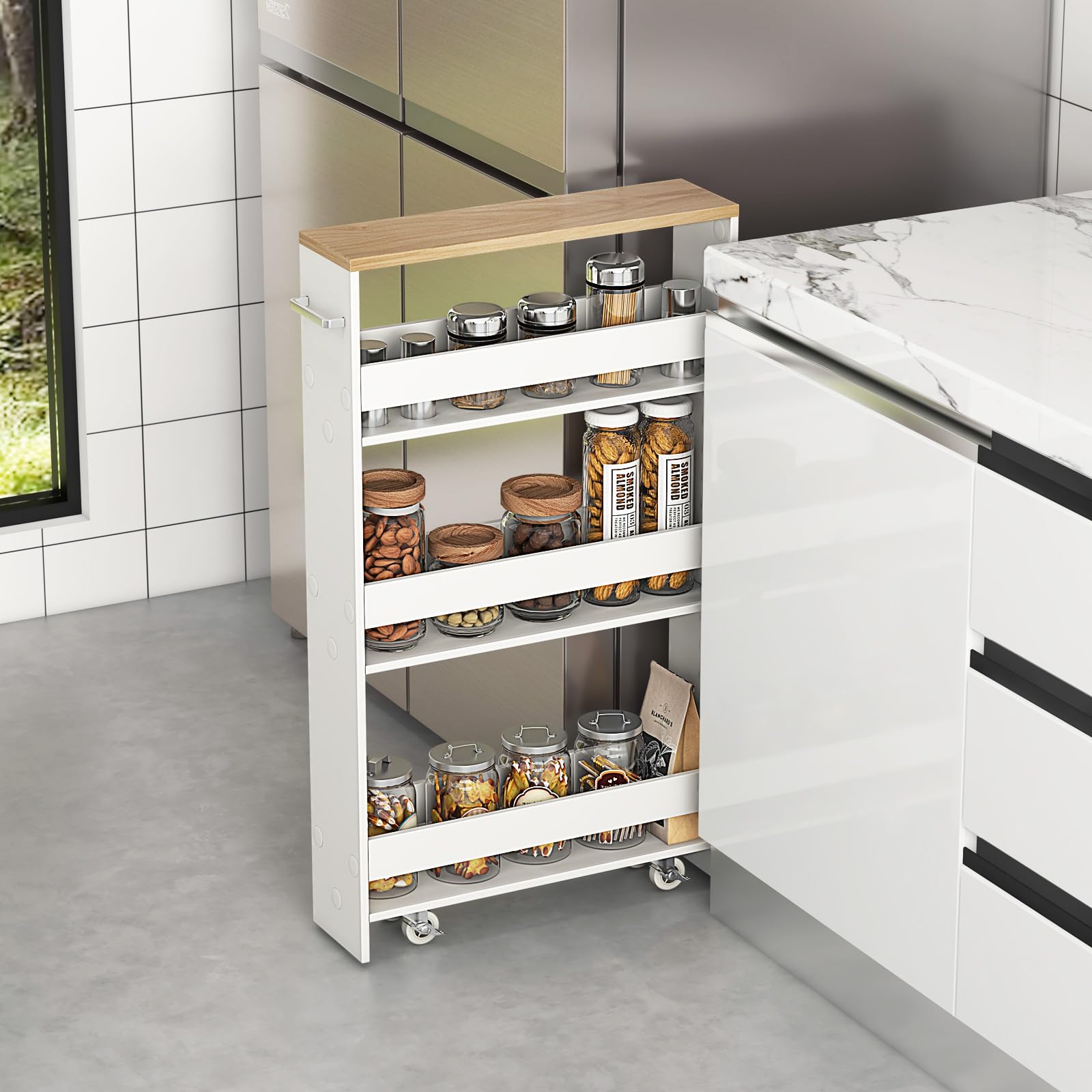 COSTWAY Slim 4-Tier Rolling Utility Cart, Wooden Shelving Unit with Handle & Wheels, Ideal for Small Spaces