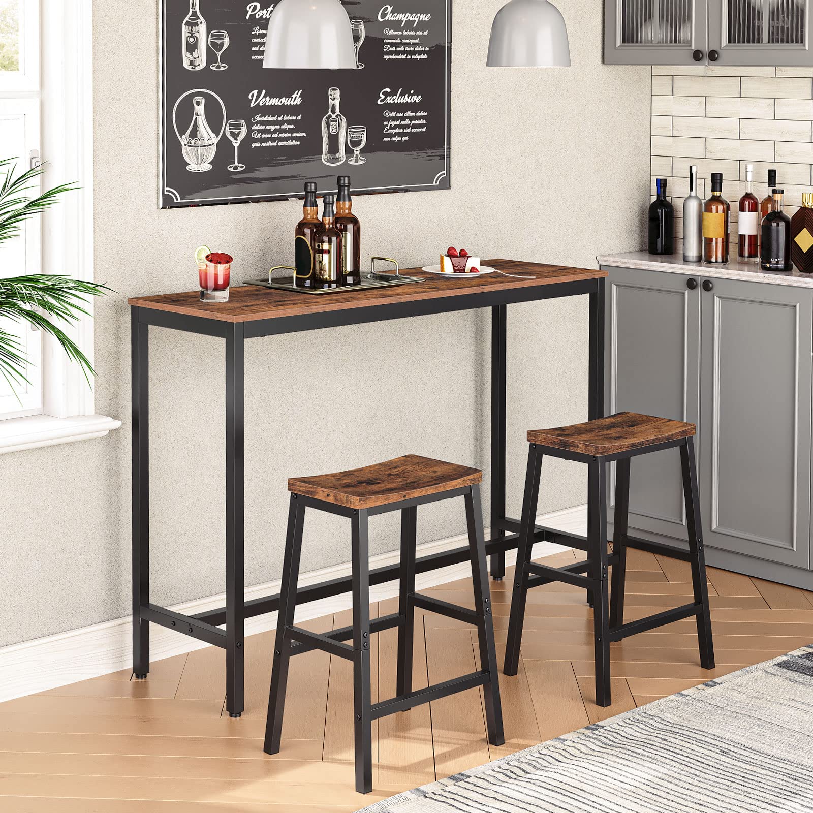 HOOBRO Bar Stools, Set of 2 Bar Chairs, 23.6 Inch Saddle Stools, Kitchen Counter Stools with Footrests, Industrial Stools for Dining Room, Kitchen, Counter, Bar, Rustic Brown and Black BF02MD01