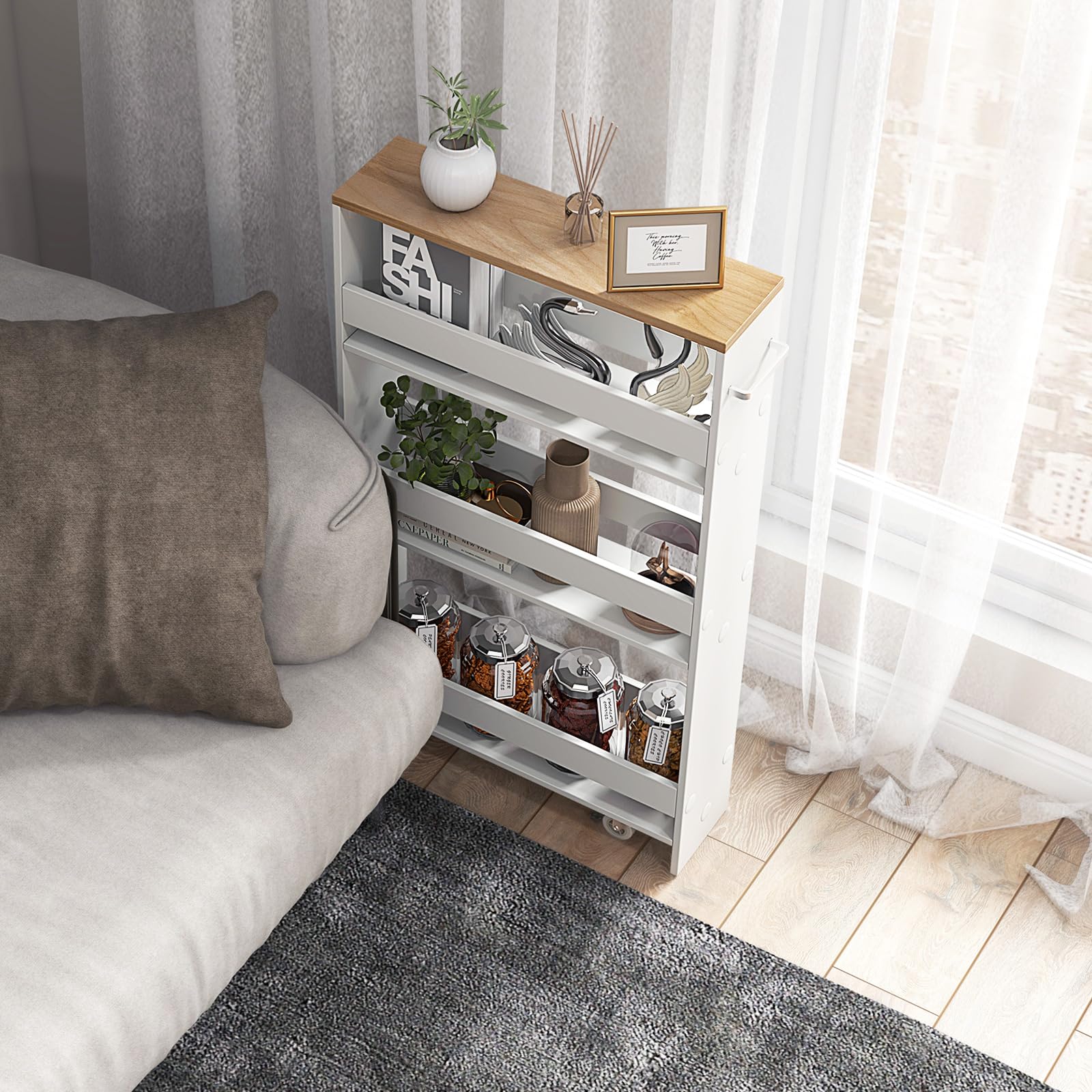 COSTWAY Slim 4-Tier Rolling Utility Cart, Wooden Shelving Unit with Handle & Wheels, Ideal for Small Spaces