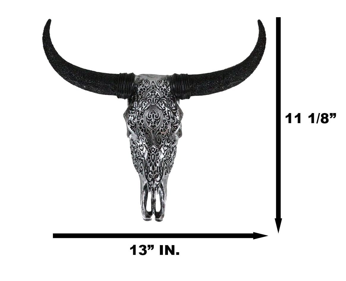 Ebros Gift Silver and Black Tribal Floral Vines Tooled Steer Bison Bull Cow Skull Head with Horns Wall Mount Decor Artistic Replica Native Animal Bust Skulls Hanging Mounted Plaque Sculpture