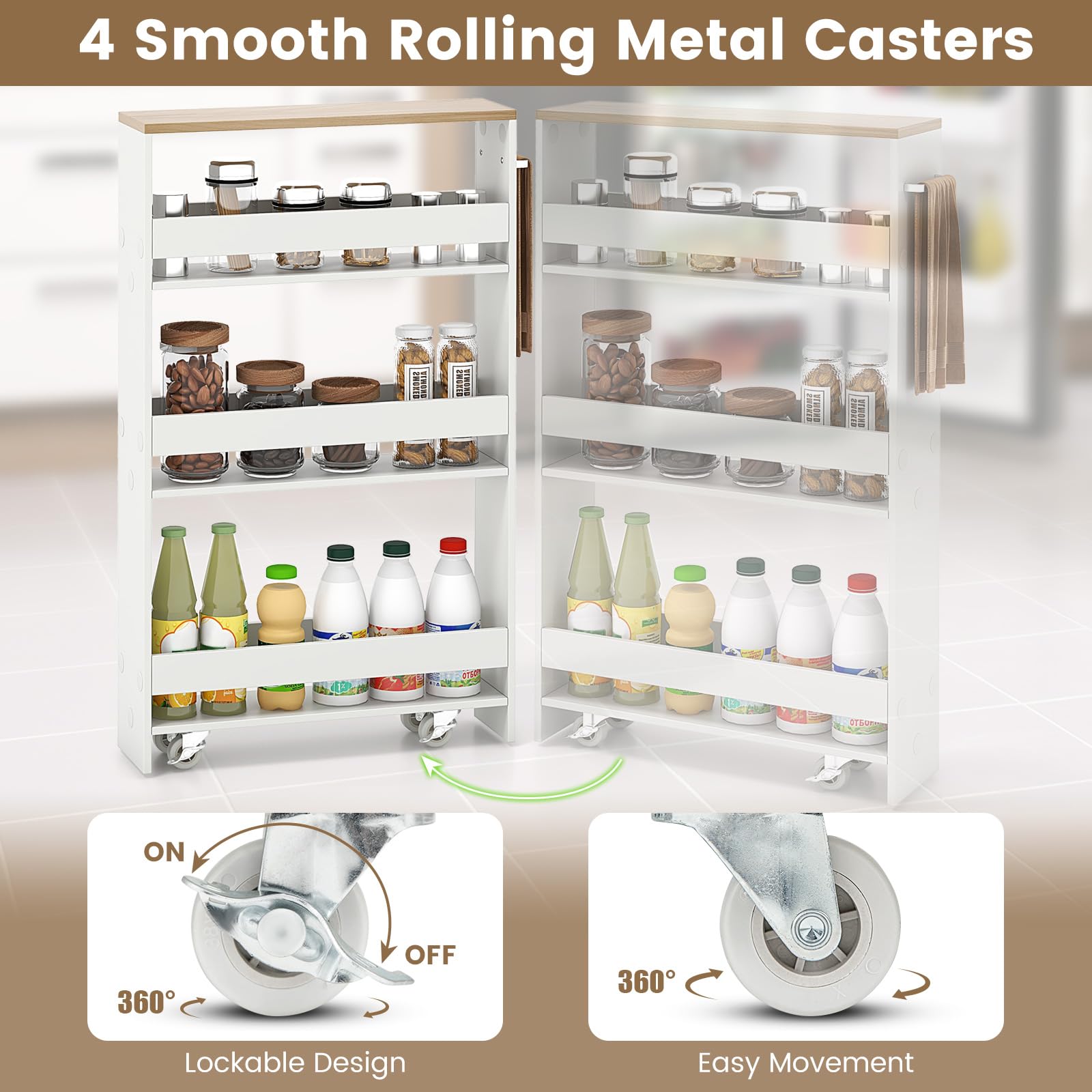 COSTWAY Slim 4-Tier Rolling Utility Cart, Wooden Shelving Unit with Handle & Wheels, Ideal for Small Spaces
