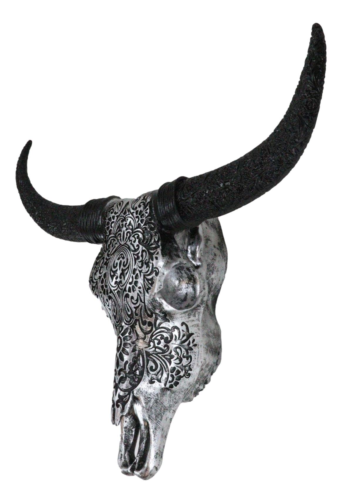 Ebros Gift Silver and Black Tribal Floral Vines Tooled Steer Bison Bull Cow Skull Head with Horns Wall Mount Decor Artistic Replica Native Animal Bust Skulls Hanging Mounted Plaque Sculpture