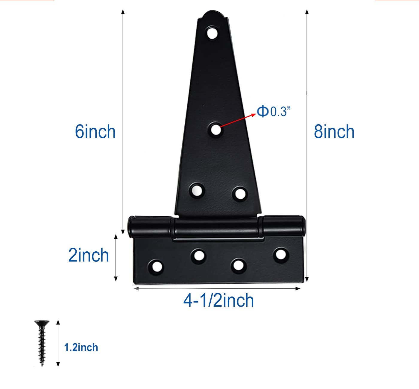 6 Inch T-Strap Heavy Duty Shed Door Hinges，4 PCS Black Wrought Hardware Rustproof Gate Hinge for Wooden Fence,Barn Door Gates,Yard Door