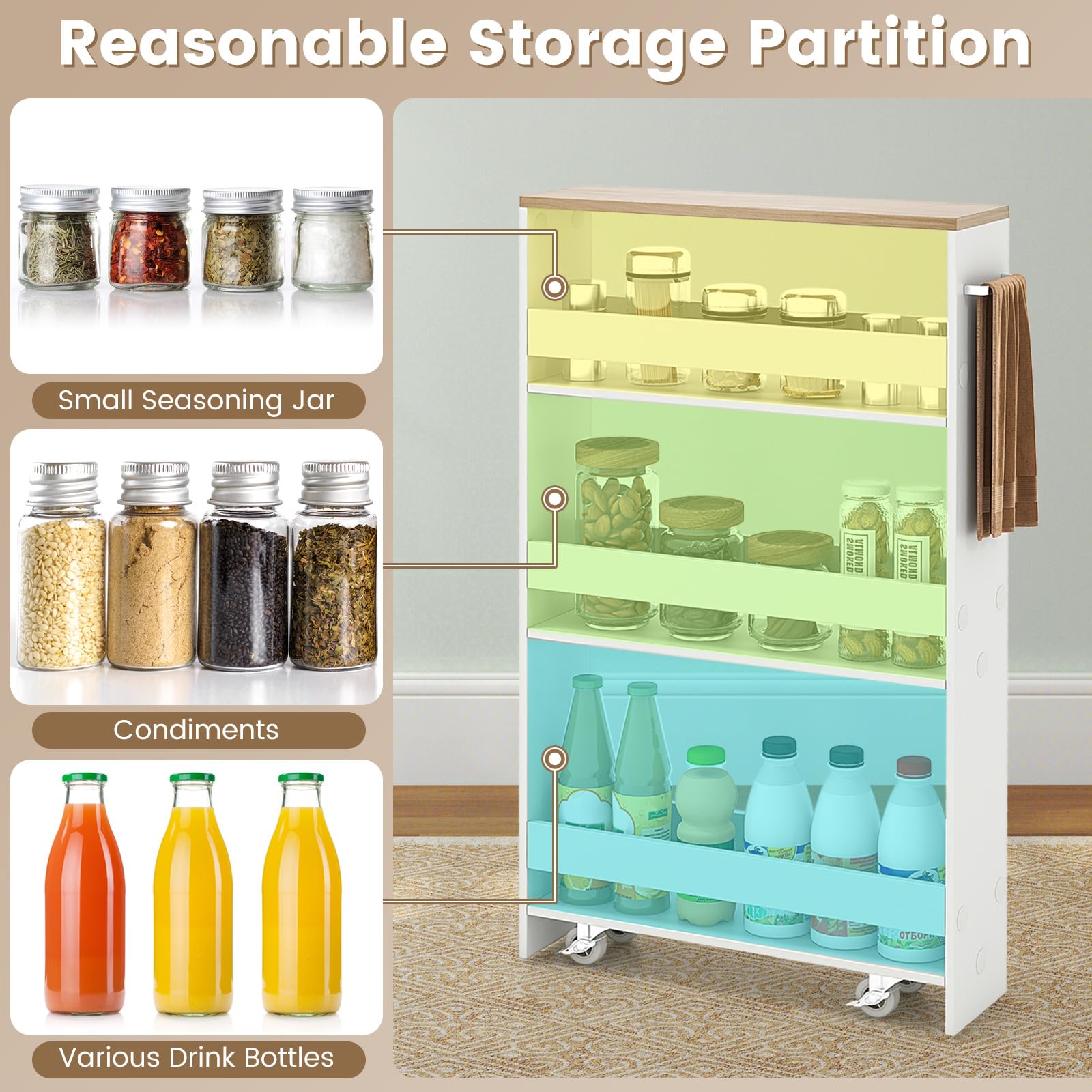 COSTWAY Slim 4-Tier Rolling Utility Cart, Wooden Shelving Unit with Handle & Wheels, Ideal for Small Spaces