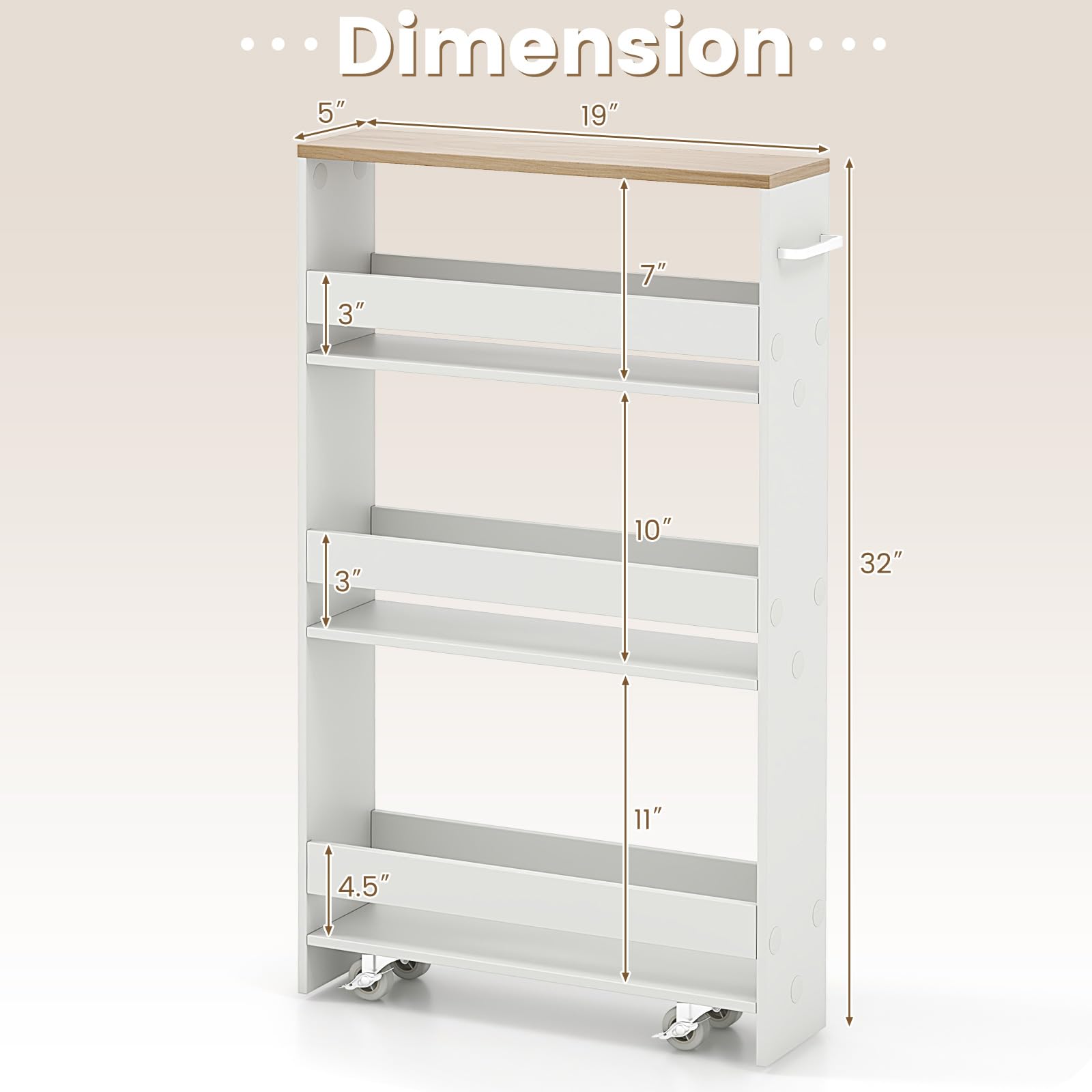 COSTWAY Slim 4-Tier Rolling Utility Cart, Wooden Shelving Unit with Handle & Wheels, Ideal for Small Spaces