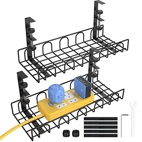 Under Desk Cable Management Tray - 15.7in 2Packs Metal Under Desk Wire Management, High Capacity Adjustable and Removable Cable Management Organizers Holder, No Drill & No Damage, for Office, Kitchens