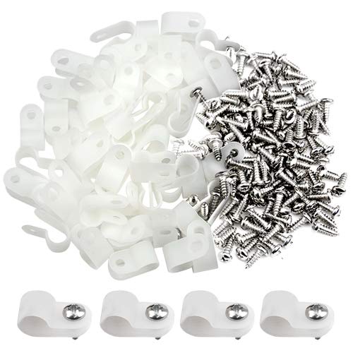 XINGYHENG 100pcs White Nylon R-Type Cable Clamp Fastener for 1/8 Inch (3.2mm) Dia Wire Tube Plastic Wire Cord Clip Fixer with 100 Pack Screws for Wire Management