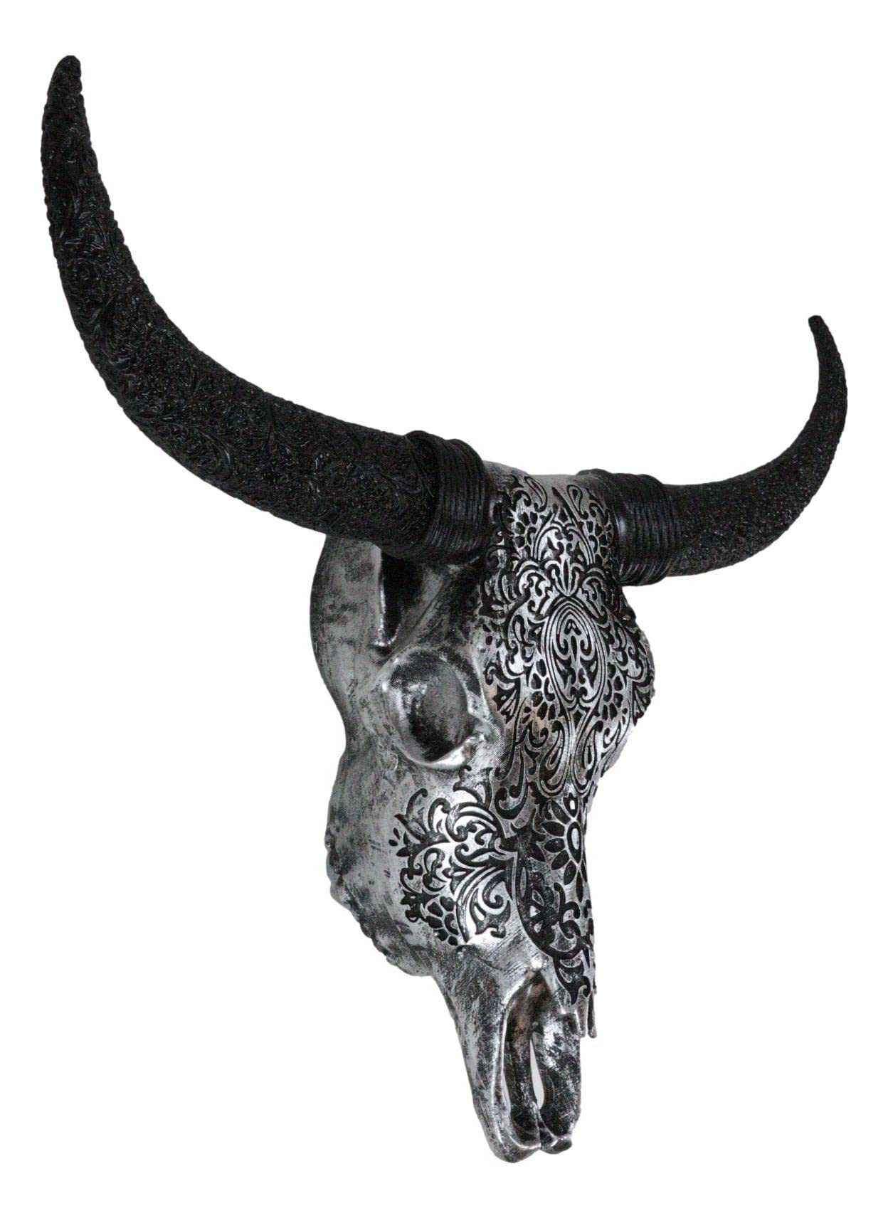 Ebros Gift Silver and Black Tribal Floral Vines Tooled Steer Bison Bull Cow Skull Head with Horns Wall Mount Decor Artistic Replica Native Animal Bust Skulls Hanging Mounted Plaque Sculpture