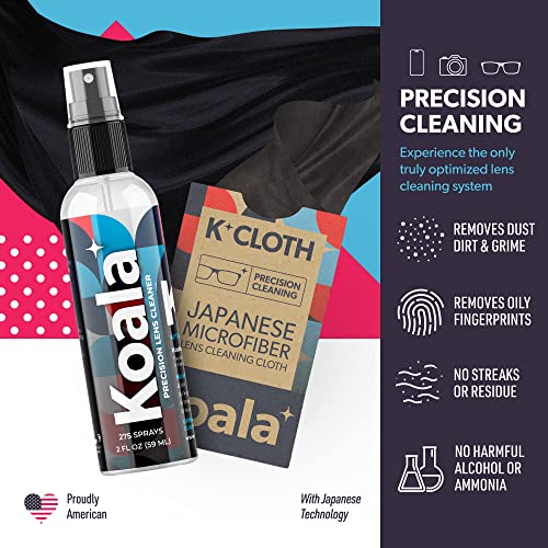 Koala Eyeglass Lens Cleaner Spray Kit | USA Made | 2 Ounces Glasses Cleaner + 1 Koala Microfiber Cleaning Cloth | Lens, Screen, & Camera Cleaning Kit | Streak & Alcohol Free | Safe for All Lenses