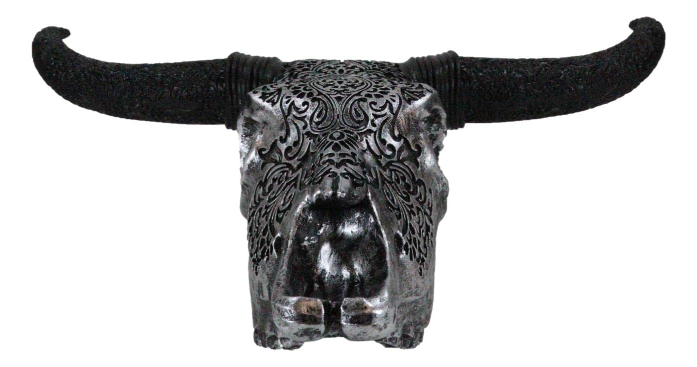 Ebros Gift Silver and Black Tribal Floral Vines Tooled Steer Bison Bull Cow Skull Head with Horns Wall Mount Decor Artistic Replica Native Animal Bust Skulls Hanging Mounted Plaque Sculpture