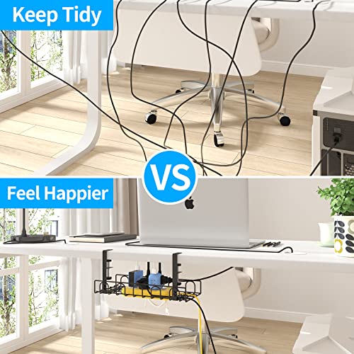 Under Desk Cable Management Tray - 15.7in 2Packs Metal Under Desk Wire Management, High Capacity Adjustable and Removable Cable Management Organizers Holder, No Drill & No Damage, for Office, Kitchens