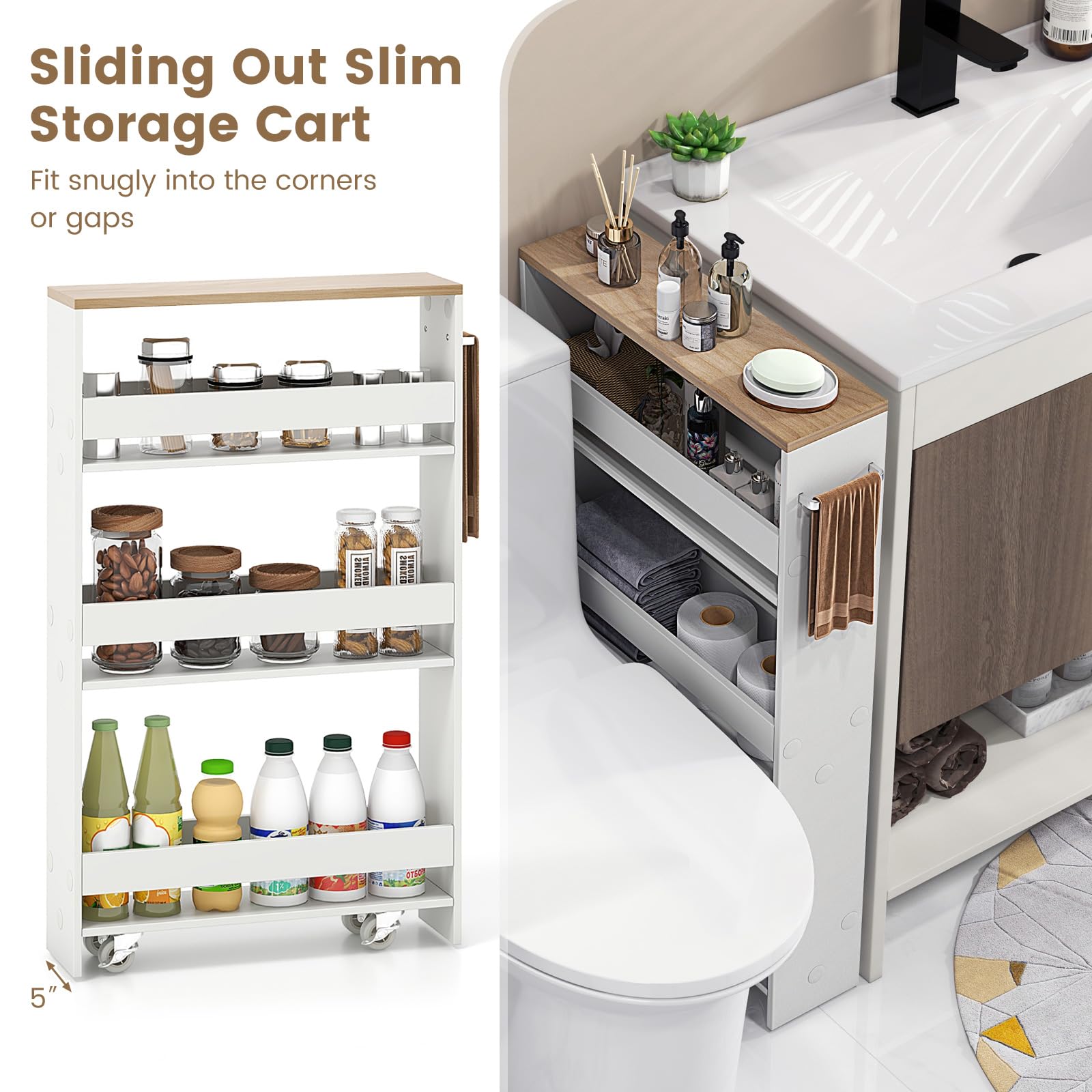 COSTWAY Slim 4-Tier Rolling Utility Cart, Wooden Shelving Unit with Handle & Wheels, Ideal for Small Spaces